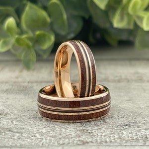 Rose Gold Guitar String Ring Wood Inlay Men Women 6MM Wedding Band ...