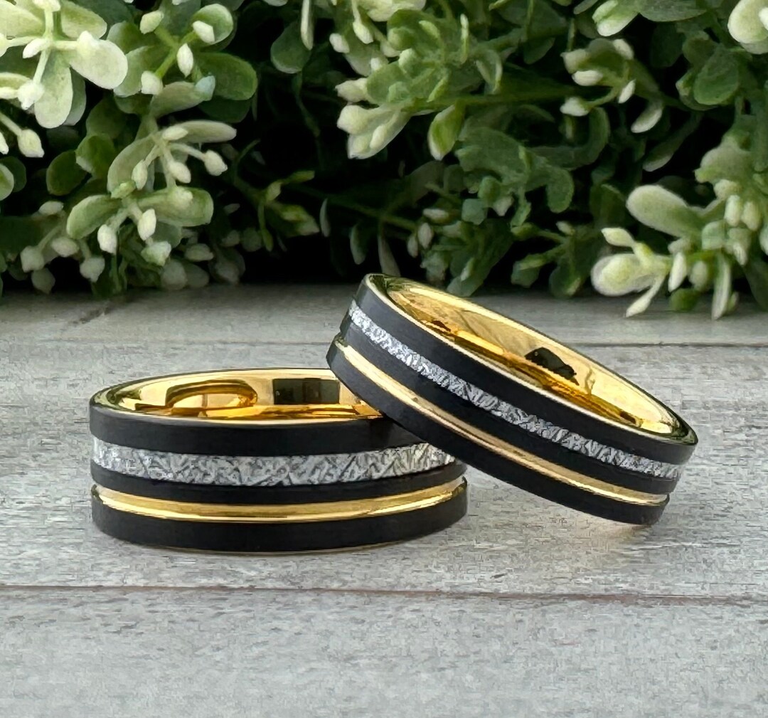 Gold Black Ring Set Meteorite Inlay Men Women Wedding Band Tungsten ...