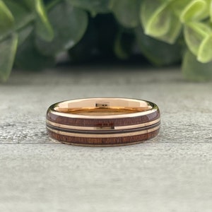 Rose Gold Guitar String Ring Wood Inlay Men Women 6MM Wedding Band ...
