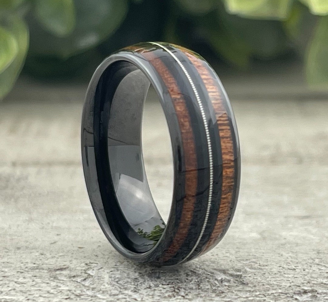 Men Black Tungsten Guitar String Ring, Wood Inlay Wedding Band - Etsy