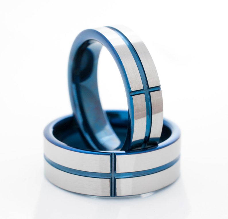 Tungsten Ring Blue Cross Wedding Band Men Women Religious Set - Etsy