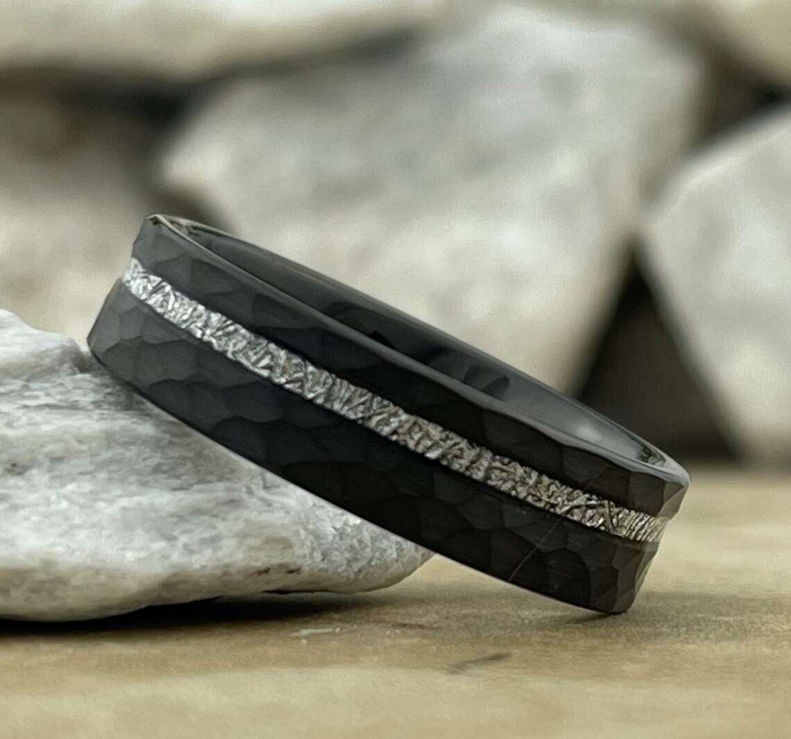Hammered Black Wedding Ring Meteorite Inlay Men Women Wedding - Etsy