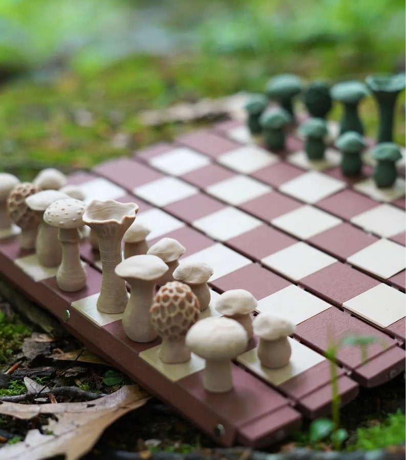Roll-up Forest Chess Set - Log & Mushroom Checkers Board Coasters ...
