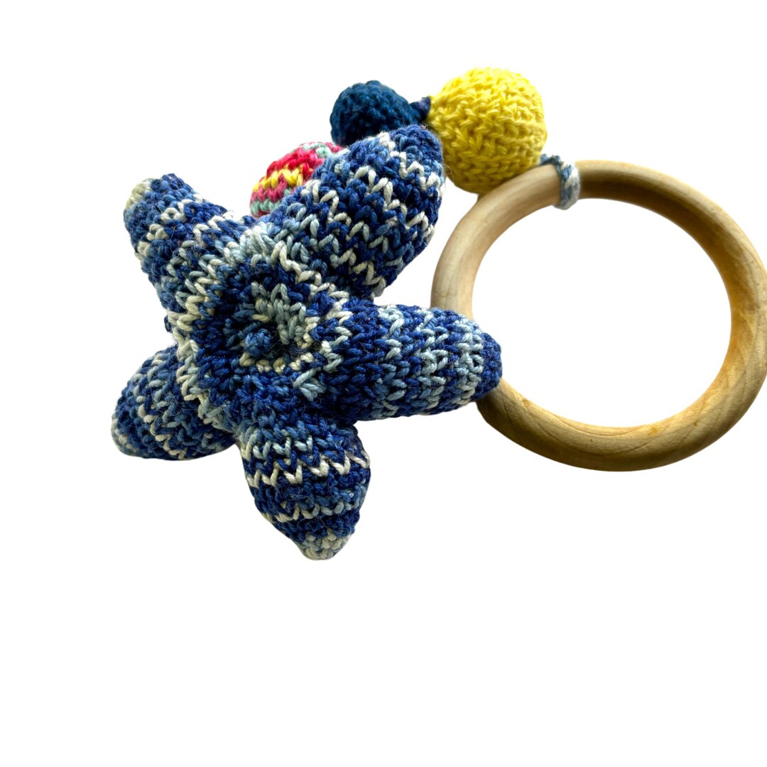 Baby Rattle, Handmade With Start Fish and Crochet Beads, Organic Wooden ...