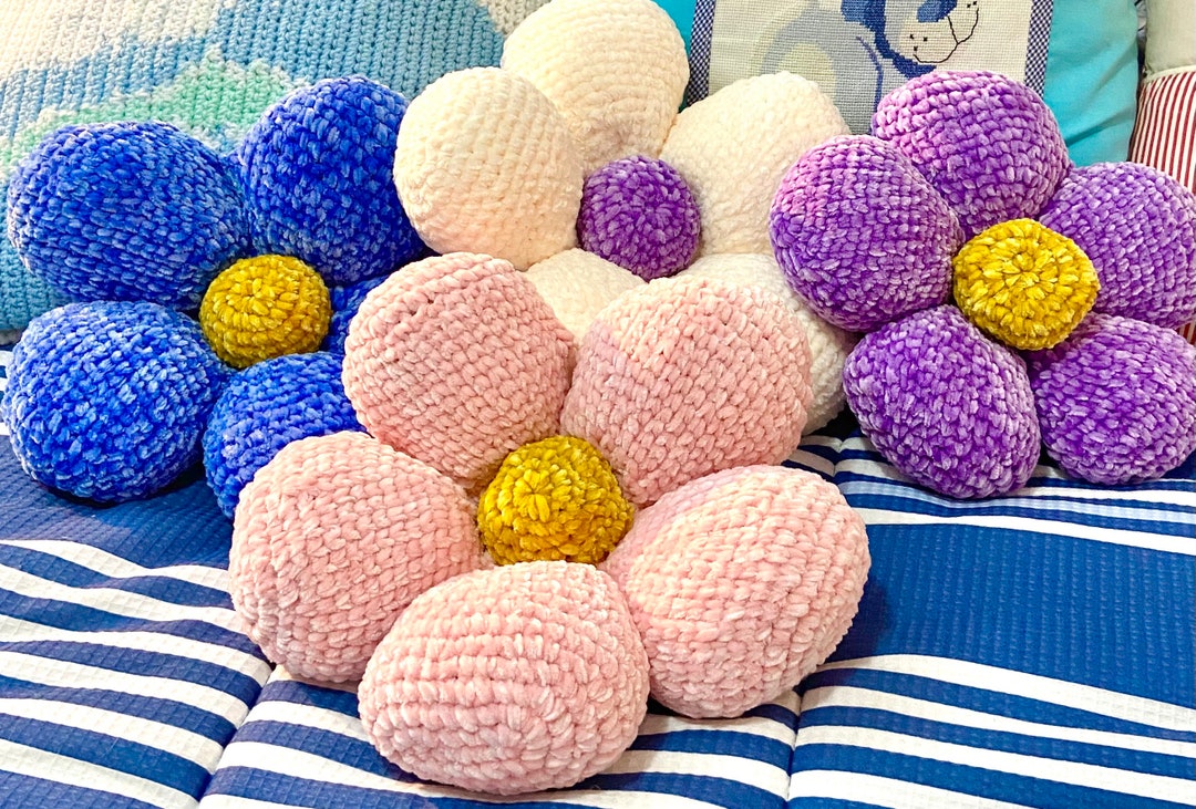 Daisy Cushions, Soft Crochet Pillows, Handmade in Chenille Flower ...