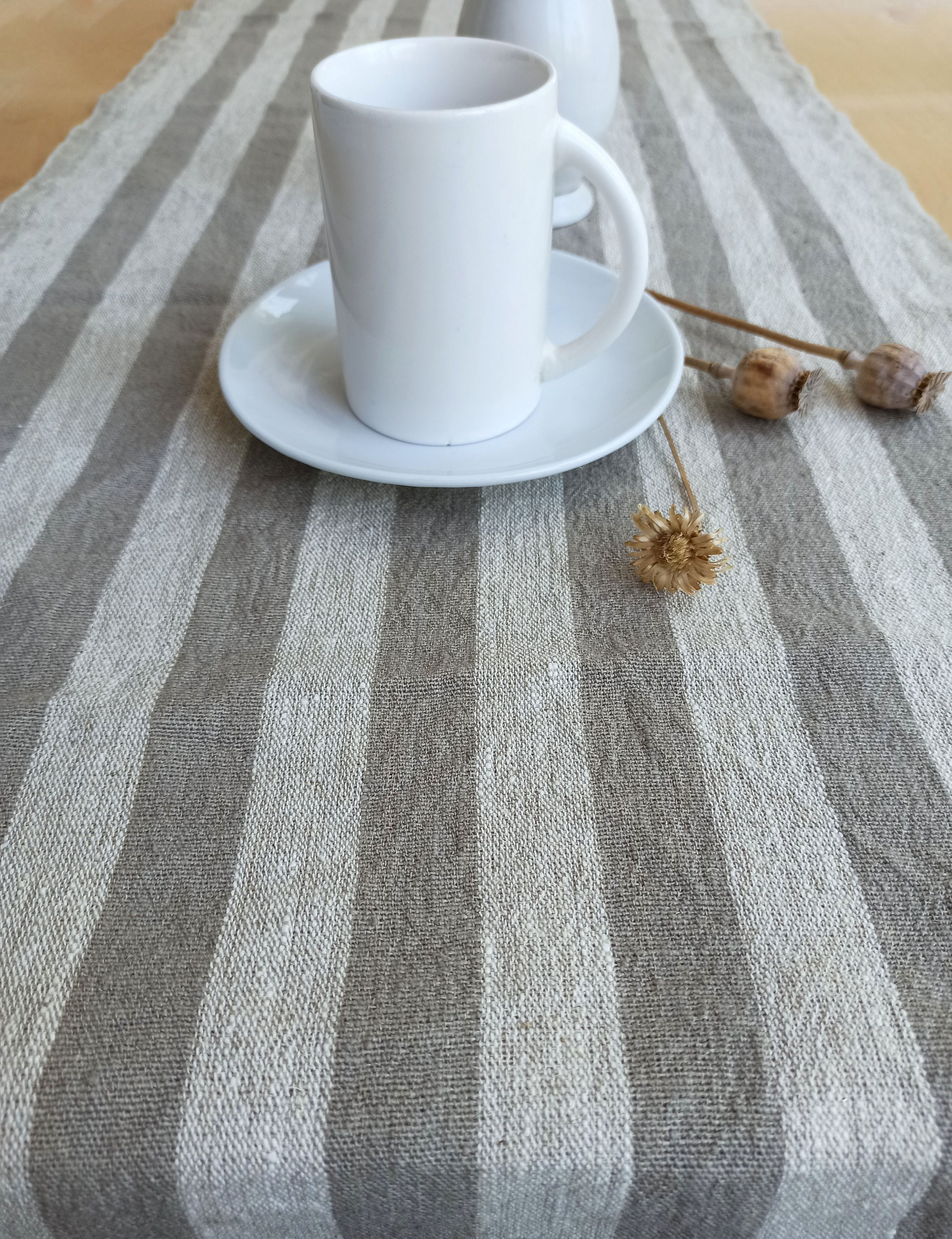 Striped Linen Table Runner With Fringe 120 Extra Long Farmhouse Table ...
