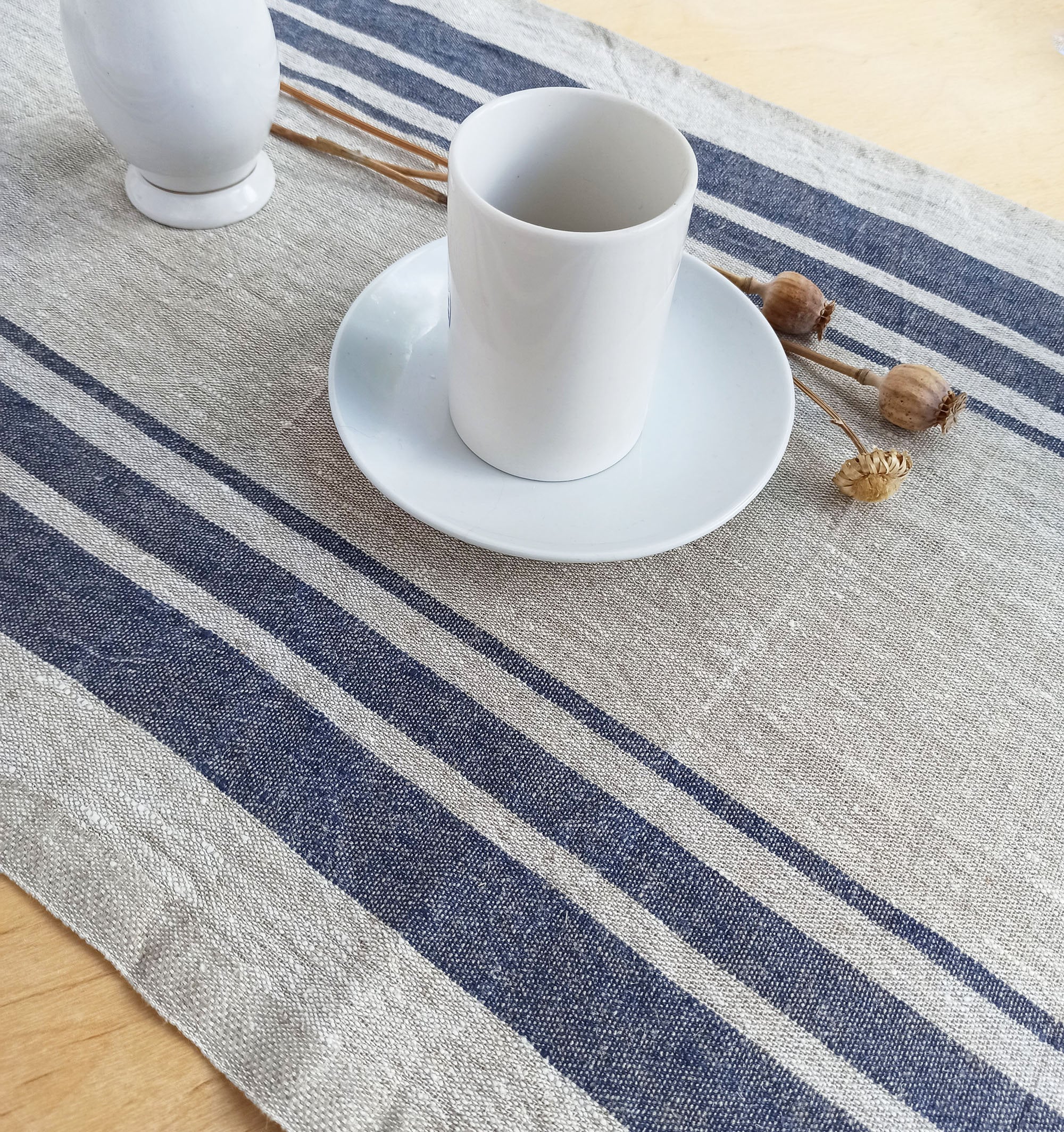 Navy Blue Striped Linen Table Runner Extra Long 120 Farmhouse Table ...