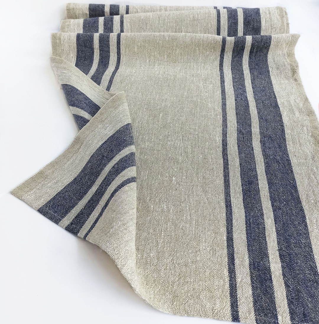 Navy Blue Striped Linen Table Runner Extra Long 120 Farmhouse Table ...