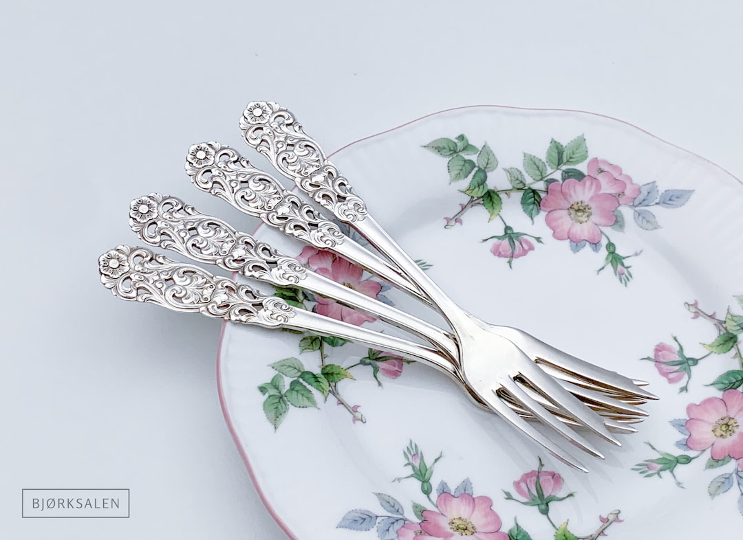 Vintage 4 Cake Forks Silver Plated Floral Dessert Forks Norwegian Folk ...