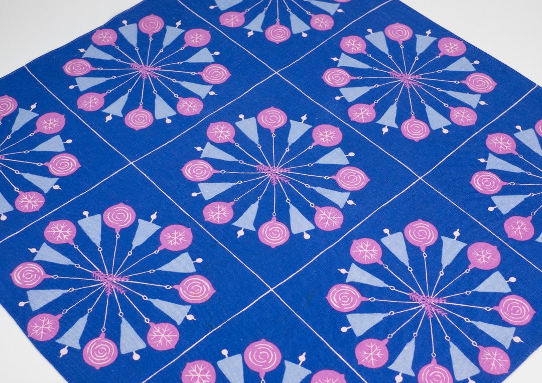 Vintage Mid Century Modern Blue Pink Swedish Christmas Tablecloth Retro ...