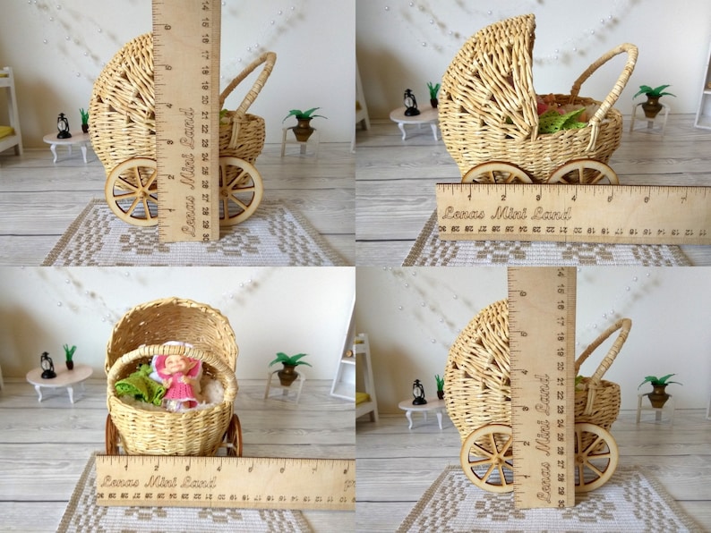 Miniature Baby Carriage, Rattan Look Wicker Doll Stroller With Wooden ...