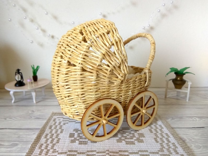Miniature Baby Carriage, Rattan Look Wicker Doll Stroller With Wooden ...