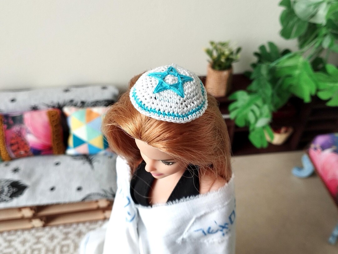 Miniature Kippah Crochet Jewish Skullcap White With Blue Star 1:6 Scale ...