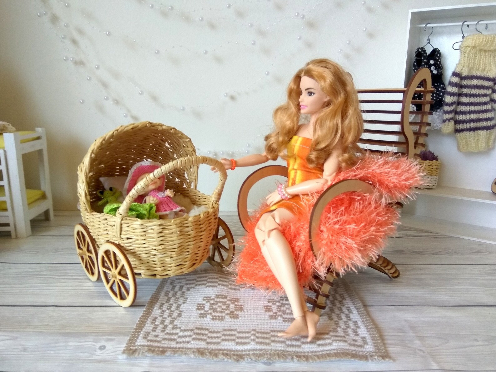 Miniature Baby Carriage, Rattan Look Wicker Doll Stroller With Wooden ...