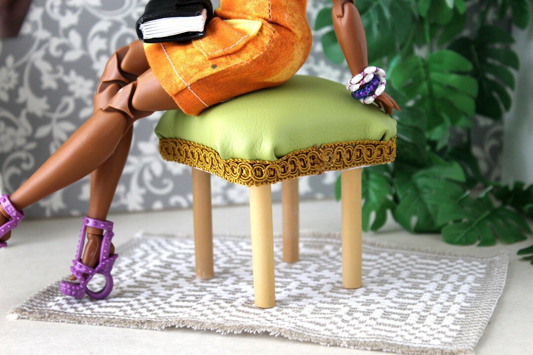 Miniature Stool, Green Leather Bamboo Legs Dollhouse Tabouret Chair ...
