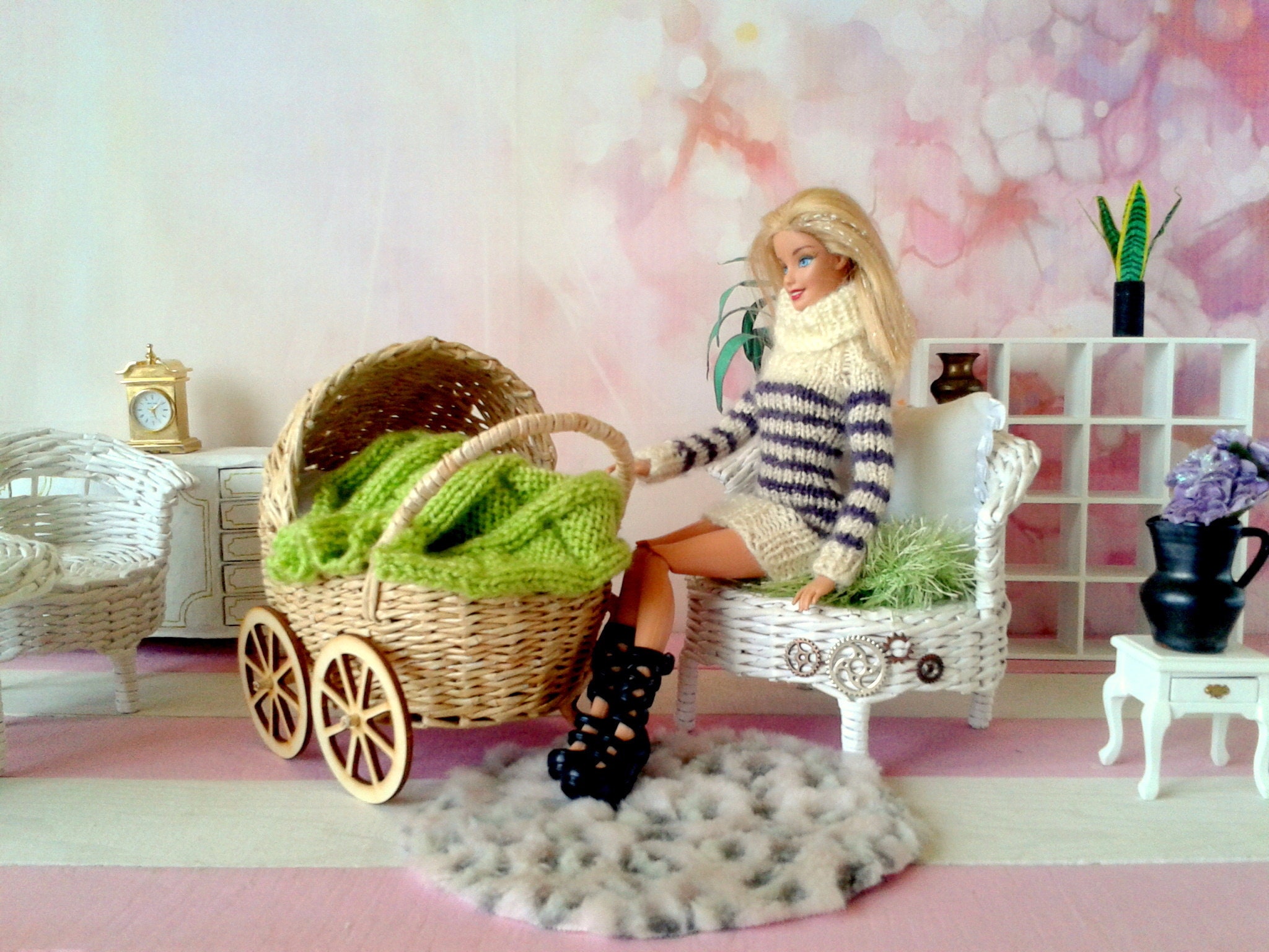 Miniature Baby Carriage Rattan Look Wicker Doll Stroller With - Etsy ...