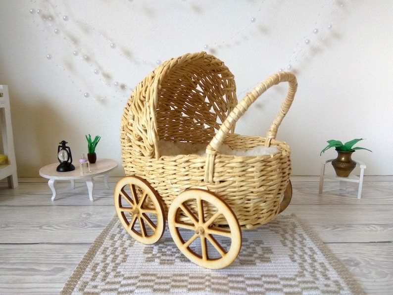 Miniature Baby Carriage, Rattan Look Wicker Doll Stroller With Wooden ...