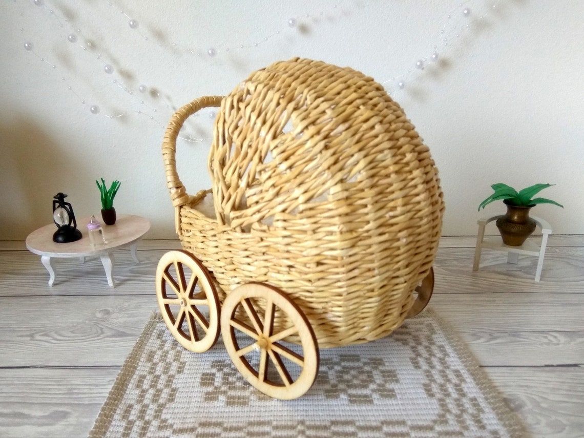 Miniature Baby Carriage, Rattan Look Wicker Doll Stroller With Wooden ...