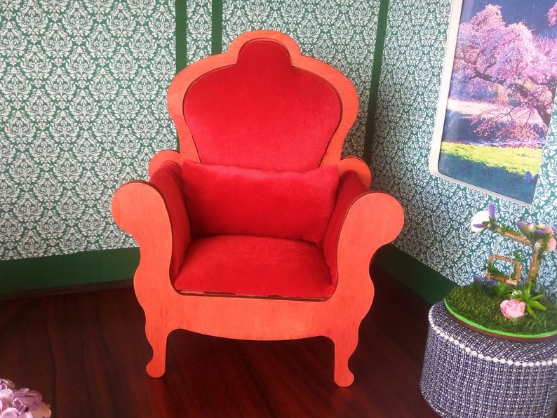 Miniature Dollhouse Throne Chair. 1:6 Scale Red Velvet Upholstered ...