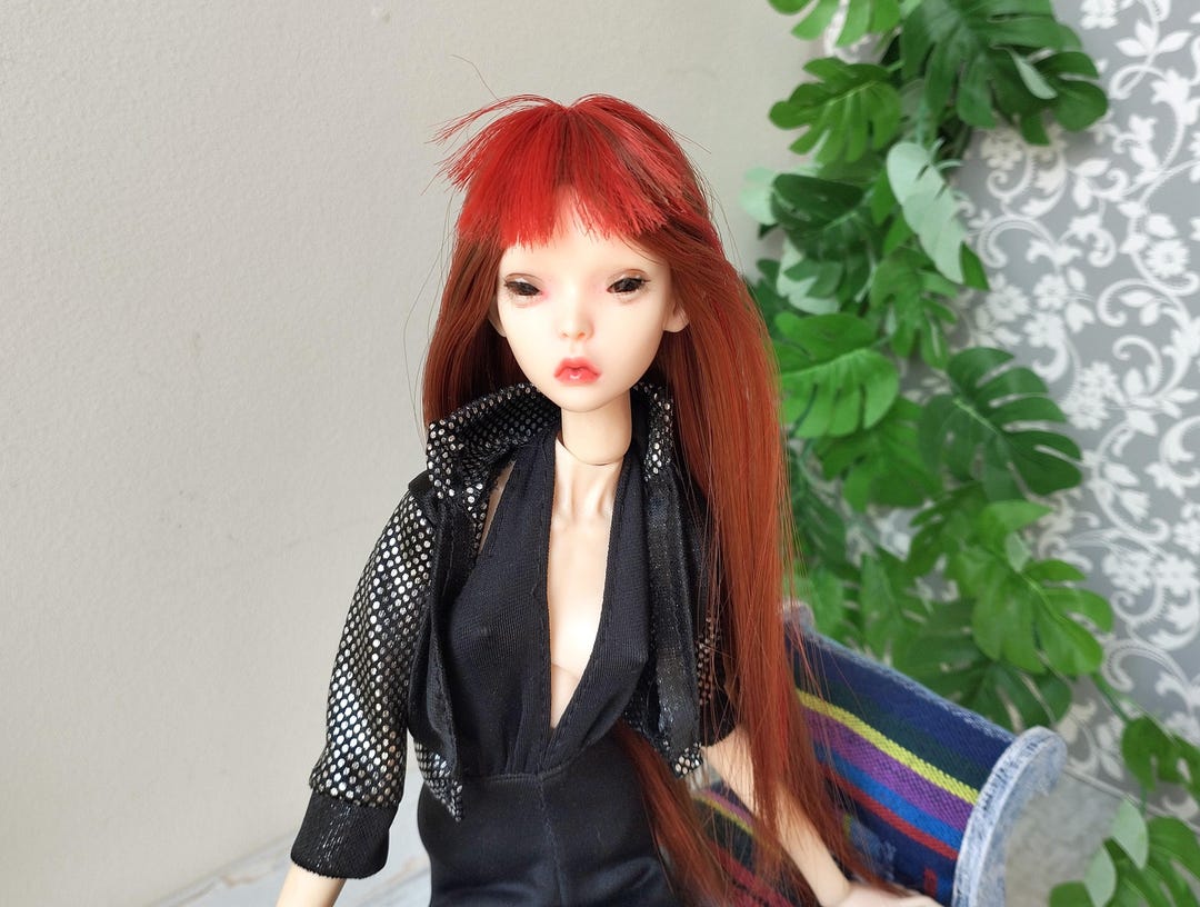 Popovy Sisters Doll Wig With Bangs, Natural Brown Long Hair With Red ...