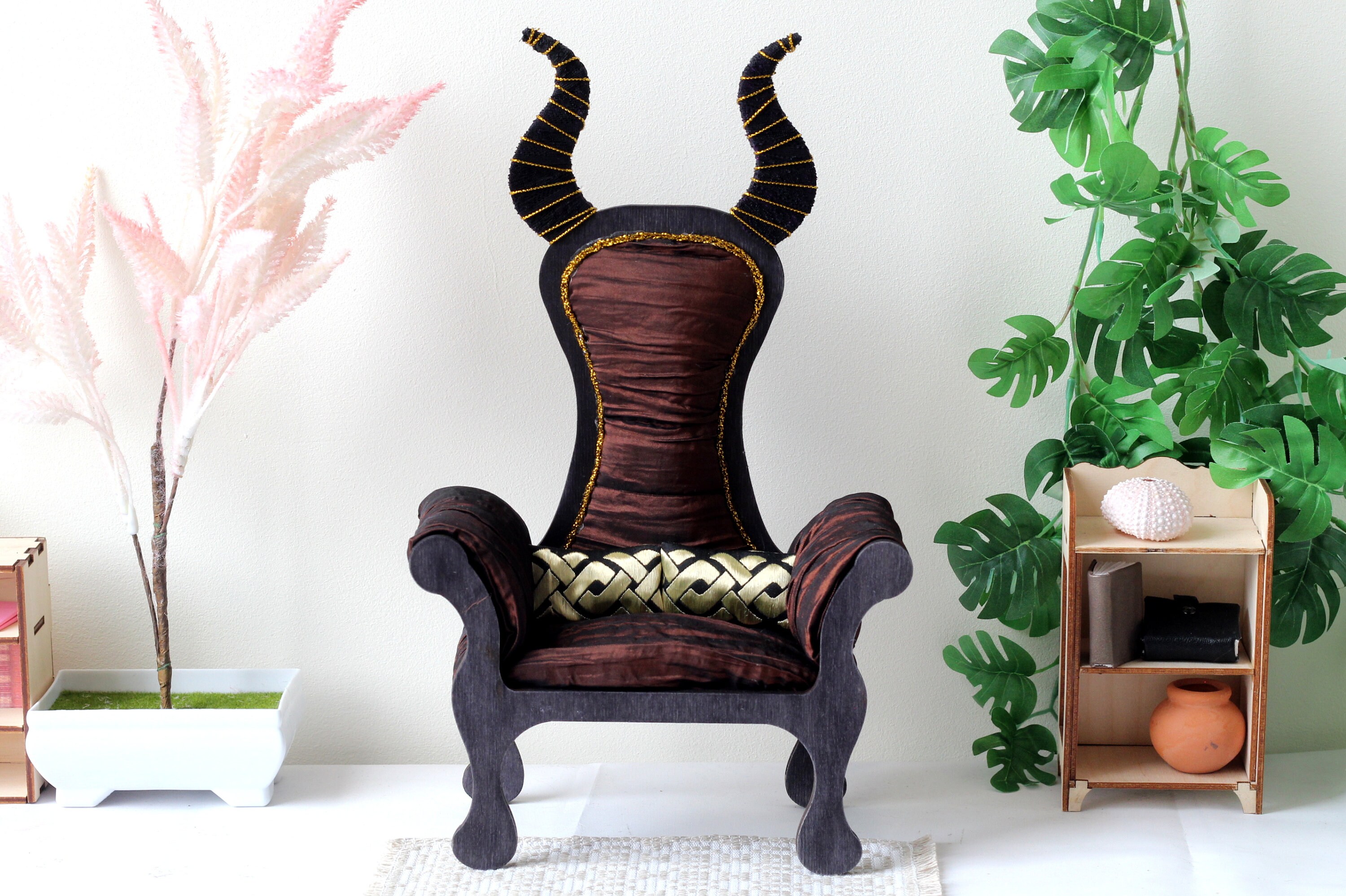 Miniature Chair With Horns, Goth Devil Dollhouse Furniture. Black Gold ...