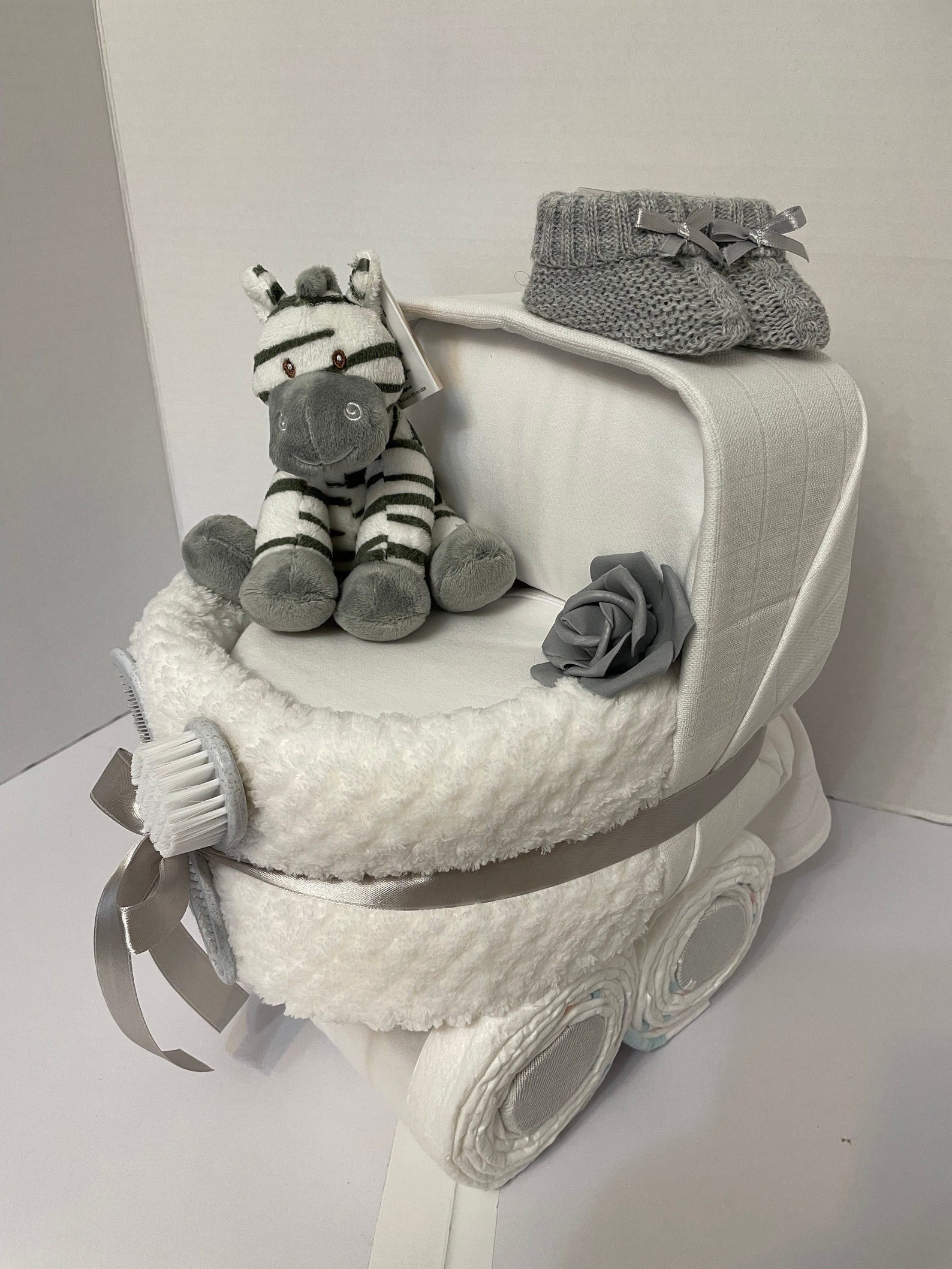 White Nappy Cake Pram, Neutral Baby Shower Gift, New Baby Gift, Unisex ...