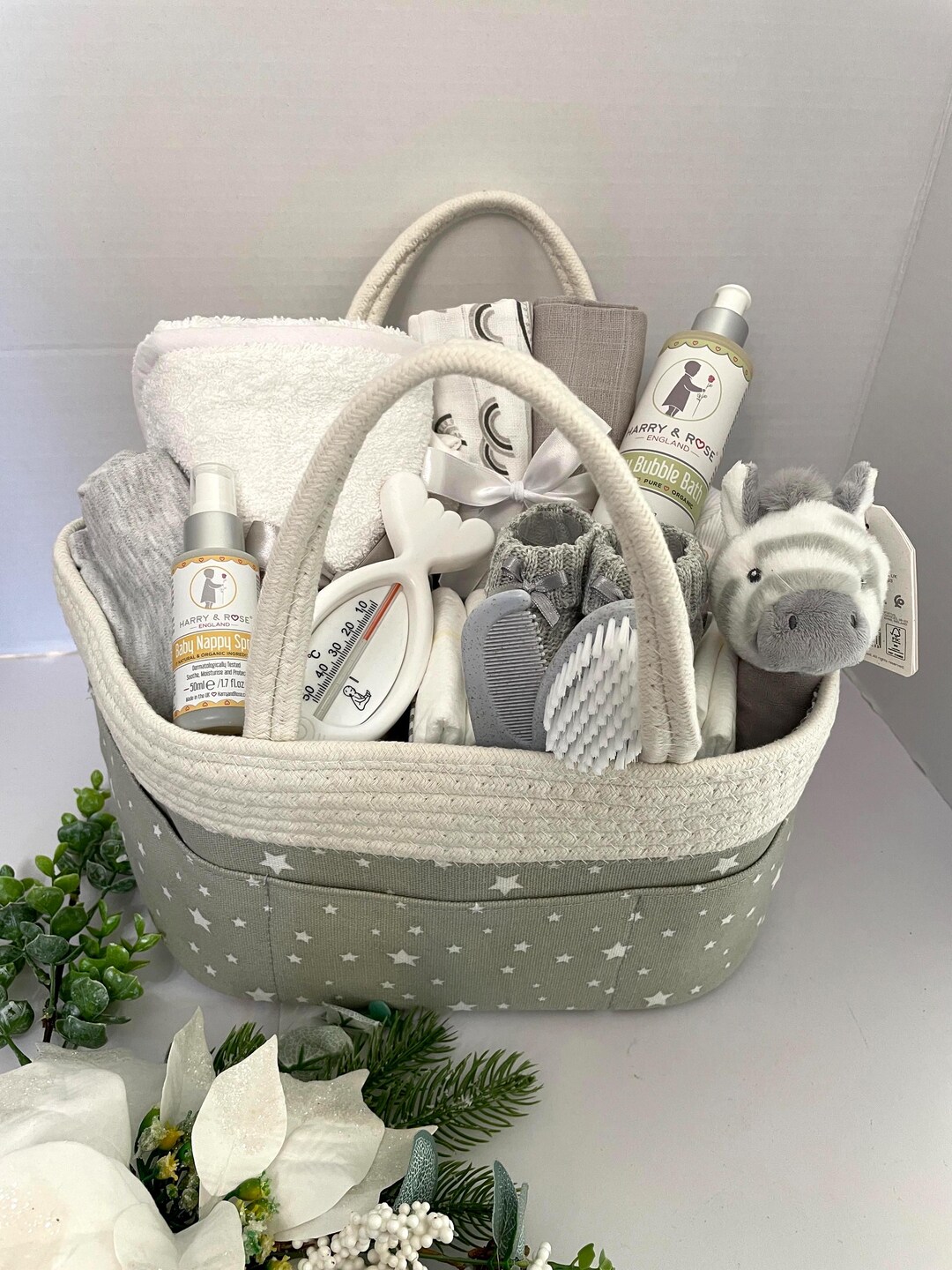 Personalized Baby Hamper Gift Set: Woven Nappy Caddy & Essentials - Etsy