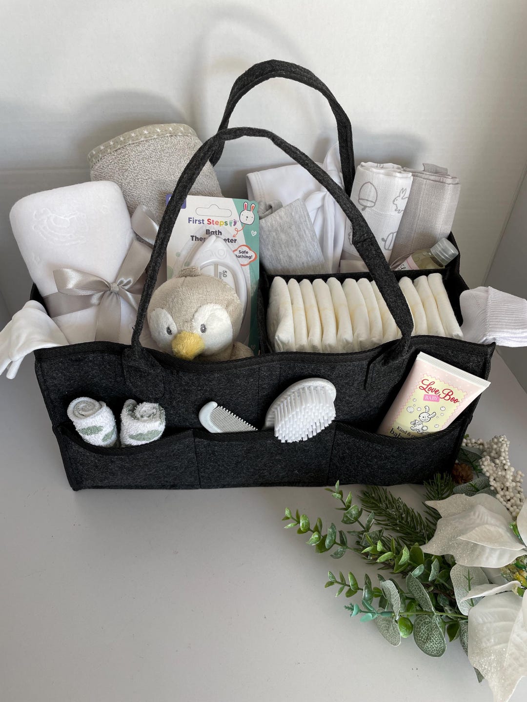 Personalised Baby Hamper Gift Set: Felt Nappy Caddy, Baby Essentials ...