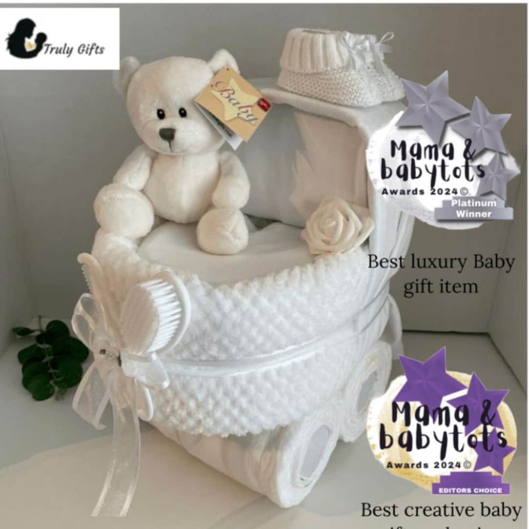 White Nappy Cake Pram, Neutral Baby Shower Gift, New Baby Gift, Unisex ...