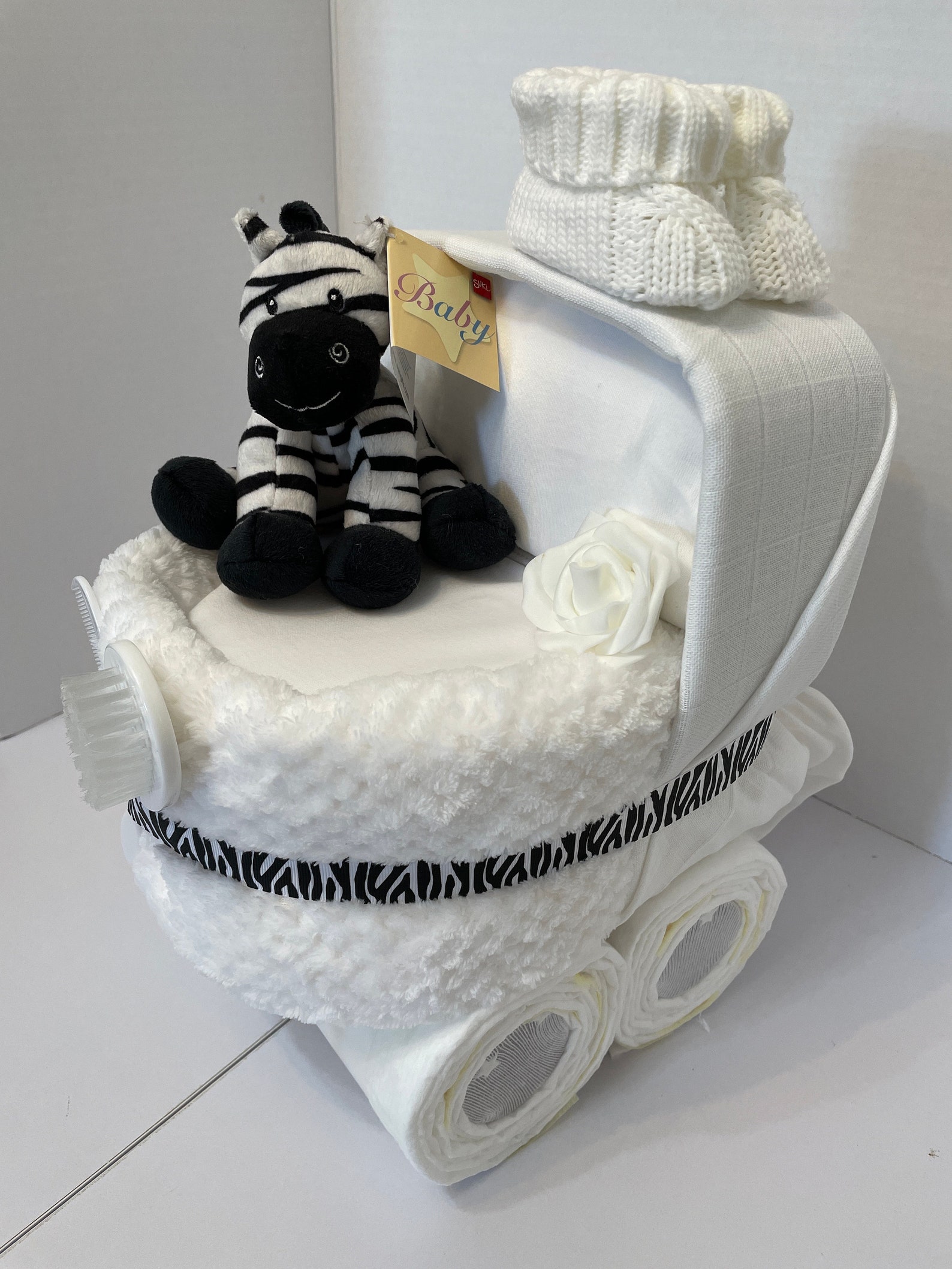 White Nappy Cake Pram, Neutral Baby Shower Gift, New Baby Gift, Unisex ...