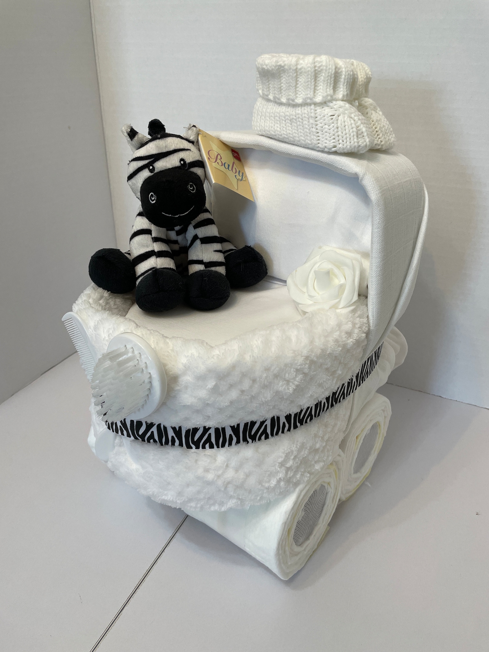 White Nappy Cake Pram, Neutral Baby Shower Gift, New Baby Gift, Unisex ...