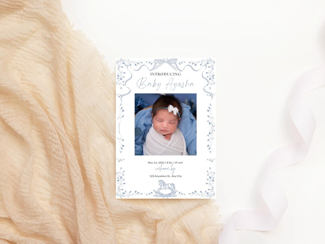 Blue Digital Birth Announcement, Custom Birth Announcement Card ...
