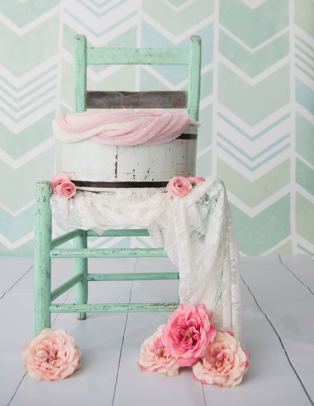 Vintage Turquoise Cream and Pink Chair and Bucket Digital Background - Etsy