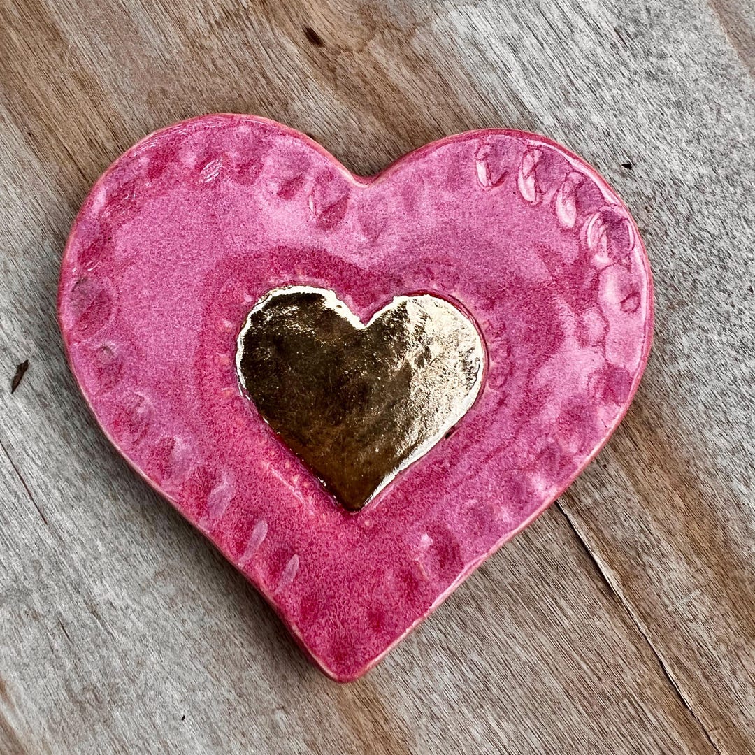 Pink and Gold Heart, Ceramic Refrigerator Magnet, Clay Hearts ...