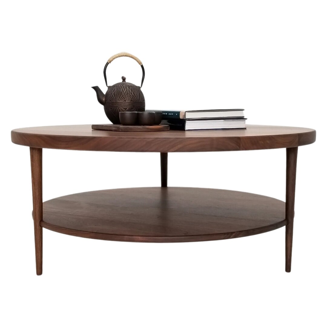 ALLI Round Coffee Table Sleek Walnut Wood, Tapered Legs, Two-tier ...