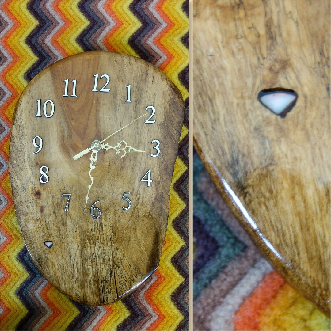 Vintage 70s Wood Slab Clock With Opal Embedded, 70s Burl Wood Rustic ...