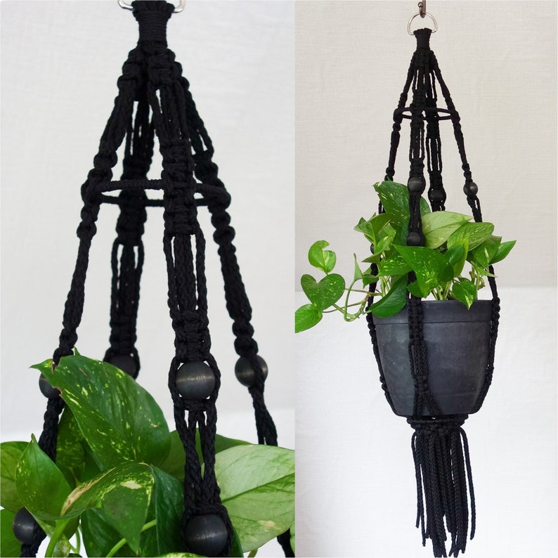 Black Macrame Plant Hanger With Wood Beads & Fringe - 40" Handmade ...