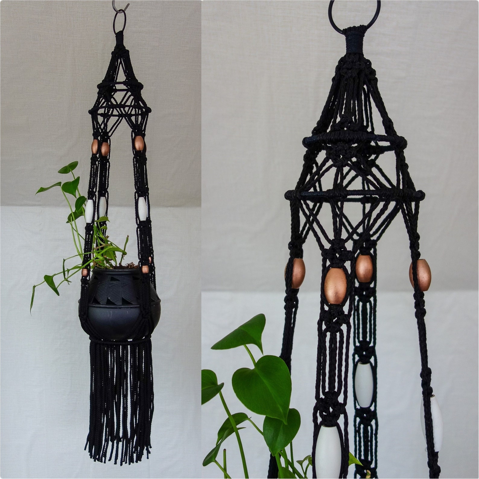 Black Macrame Plant Hanger With Fringe and Beads Witchy Home - Etsy