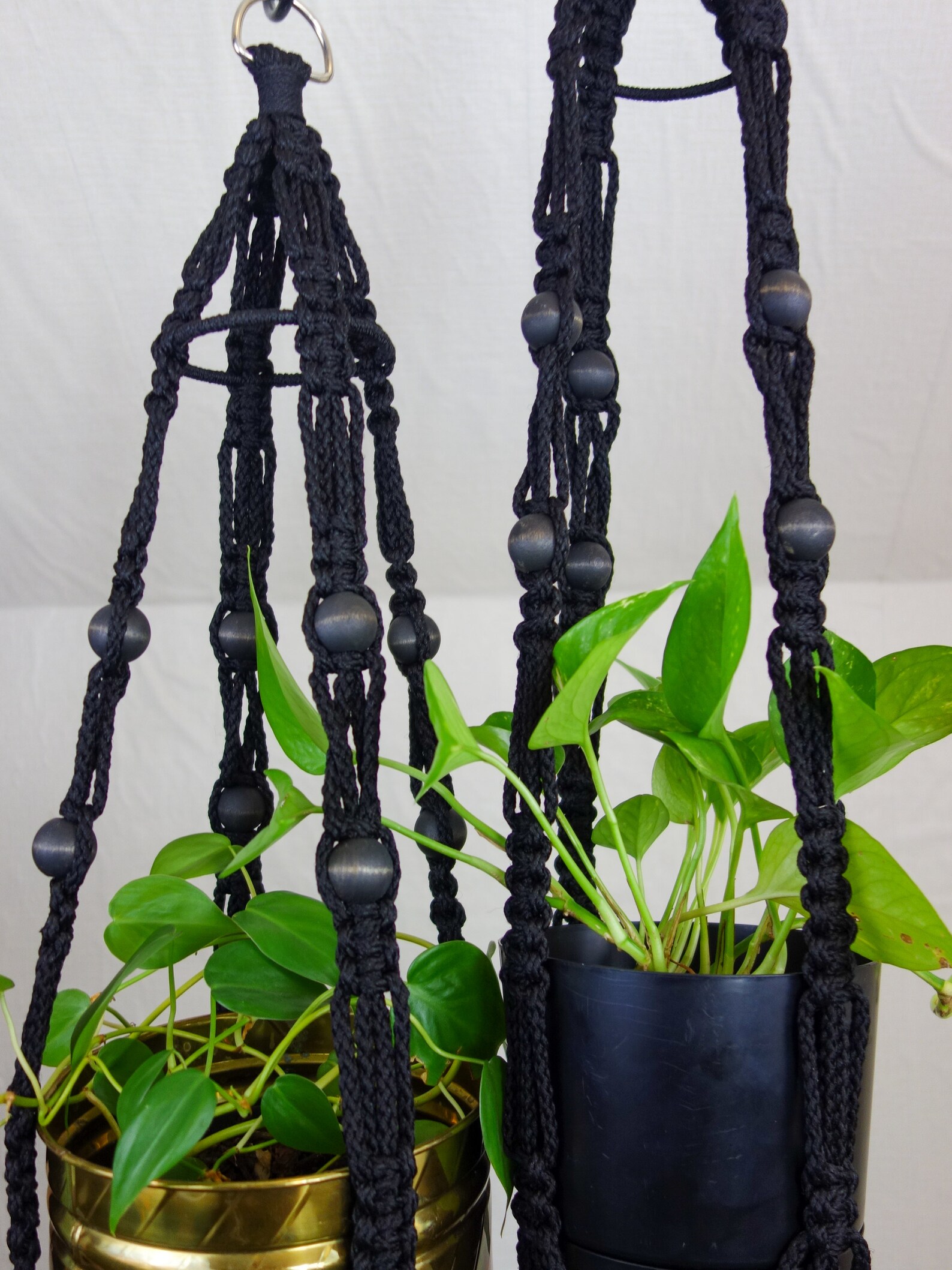 Black Macrame Plant Hanger With Wood Beads & Fringe - 40" Handmade ...