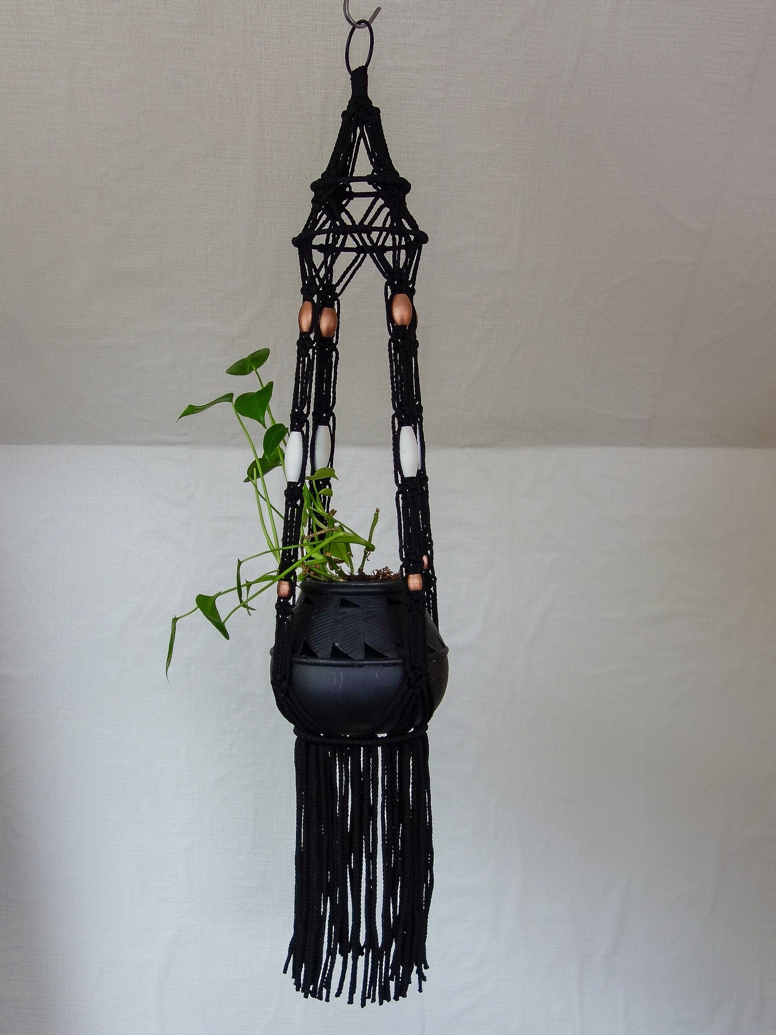 Black Macrame Plant Hanger With Fringe and Beads Witchy Home - Etsy