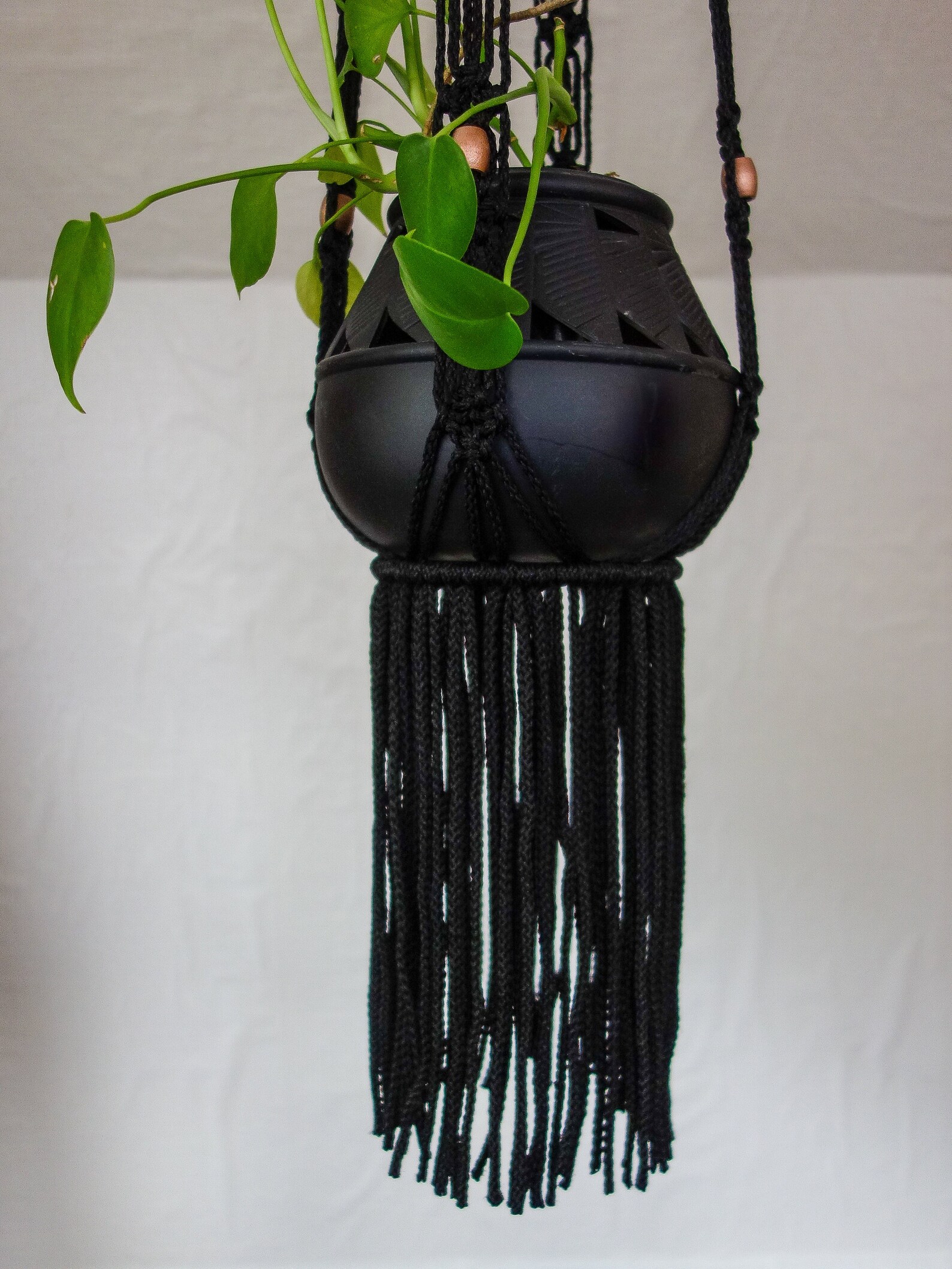 Black Macrame Plant Hanger With Fringe and Wood Beads Witchy - Etsy