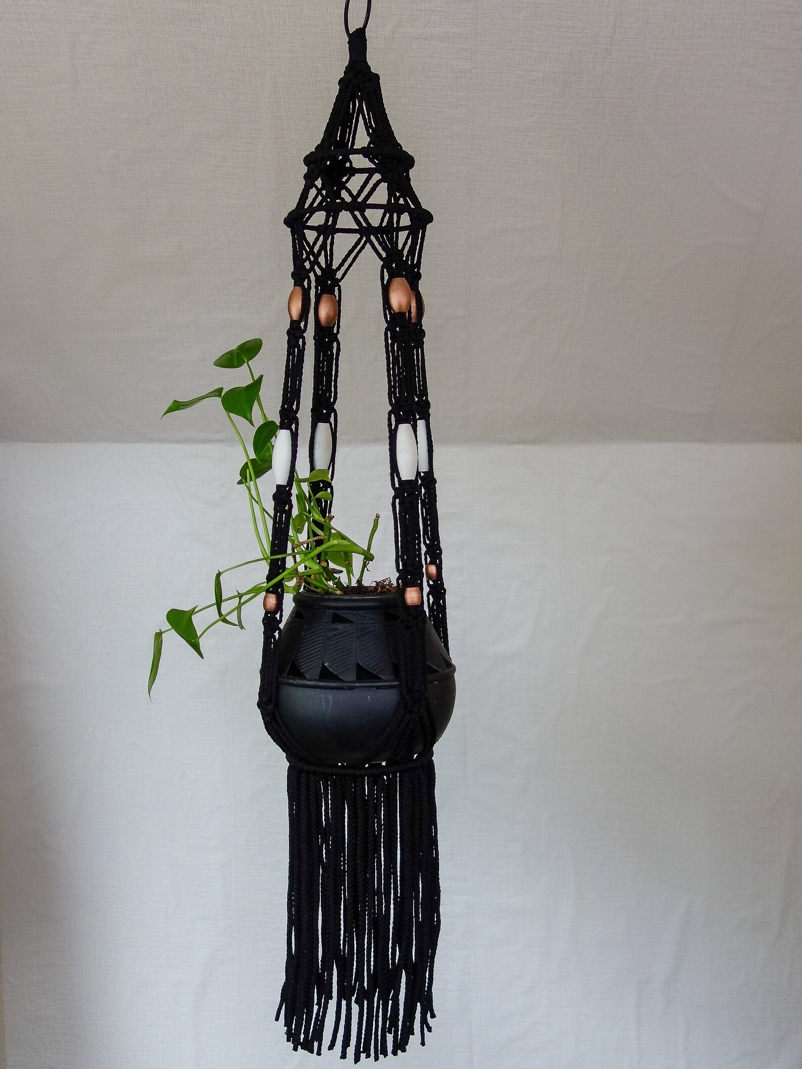Black Macrame Plant Hanger With Fringe and Wood Beads Witchy - Etsy