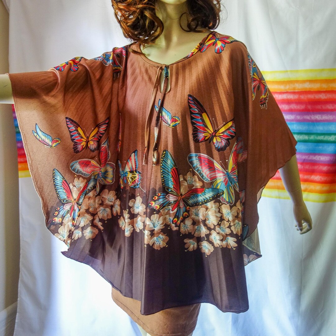 70s Butterfly Sleeve Poncho Top: Vintage Floral Polyester Caftan - Etsy