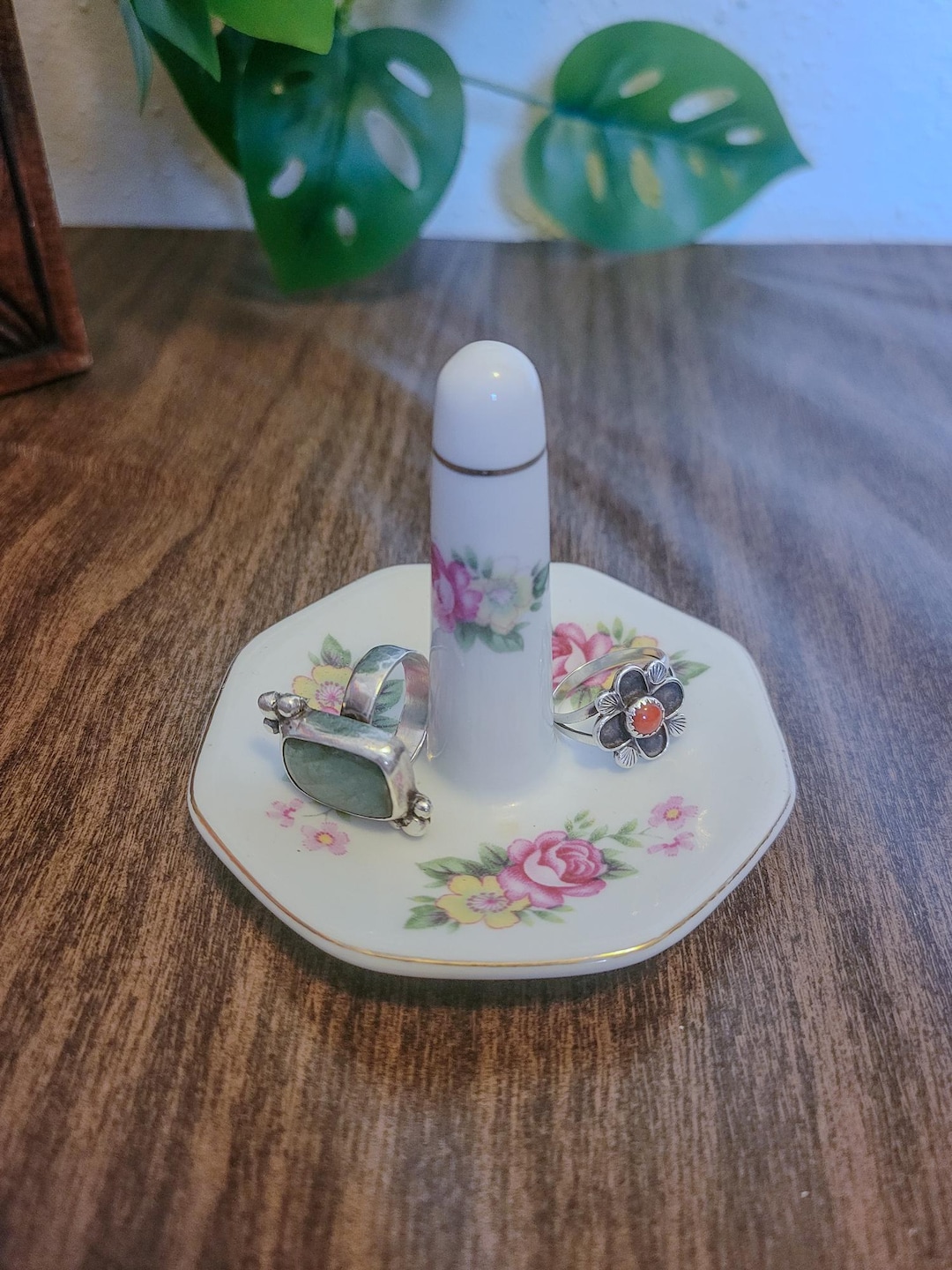 Vintage Ring Holder With Stem, Ceramic Ring Tree Floral Pink & Yellow ...