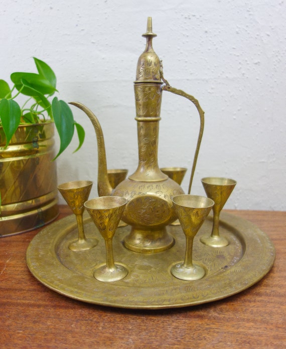 Vintage Large Etched Brass Aftaba With 6 Goblets and Tray | Etsy