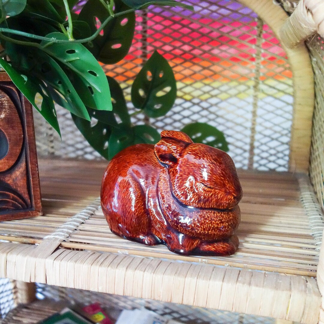 Vintage Brown Ceramic Sleeping Rabbit Figurine: Cottagecore Nursery ...