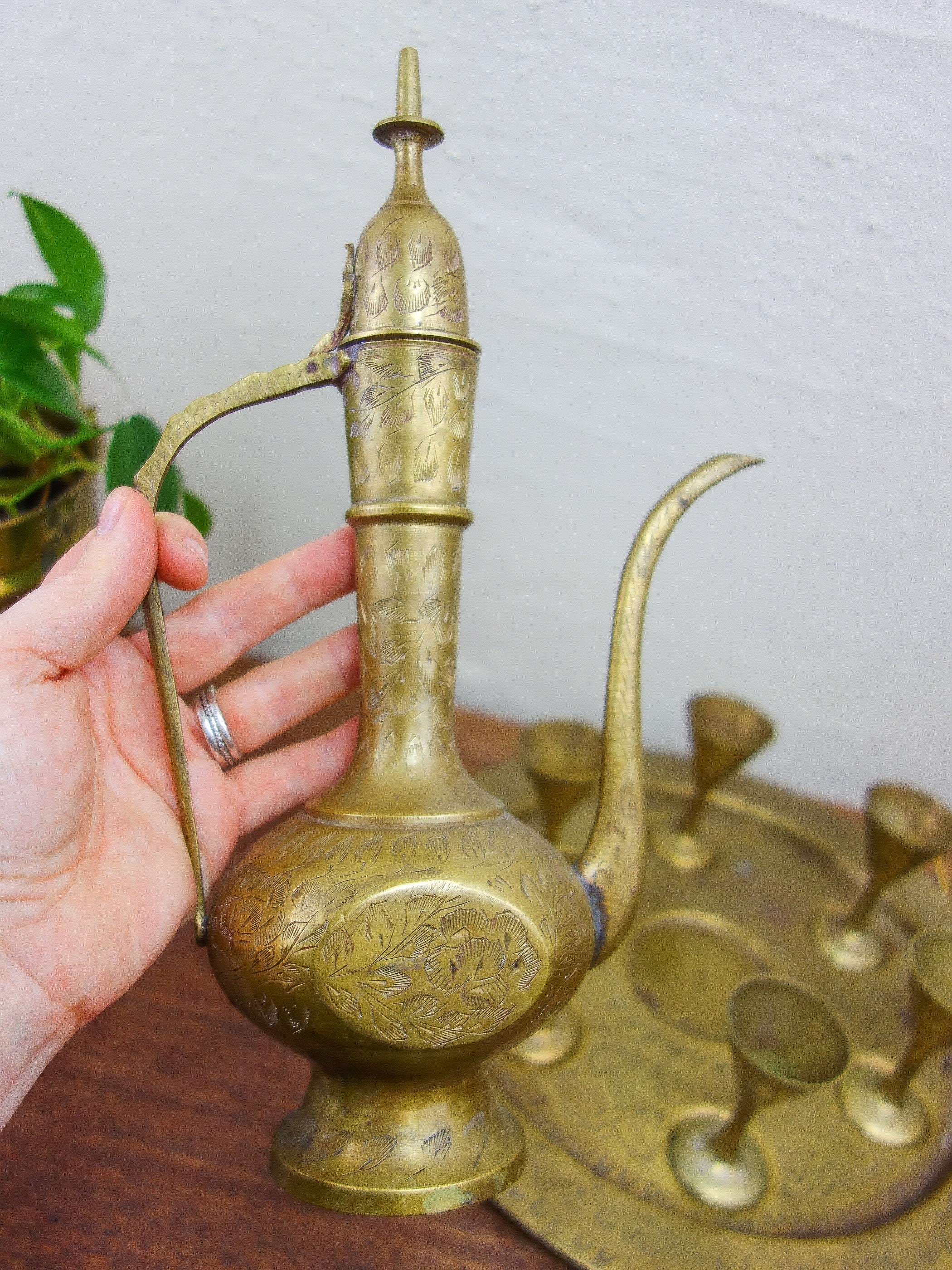 Vintage Large Etched Brass Aftaba With 6 Goblets and Tray - Etsy