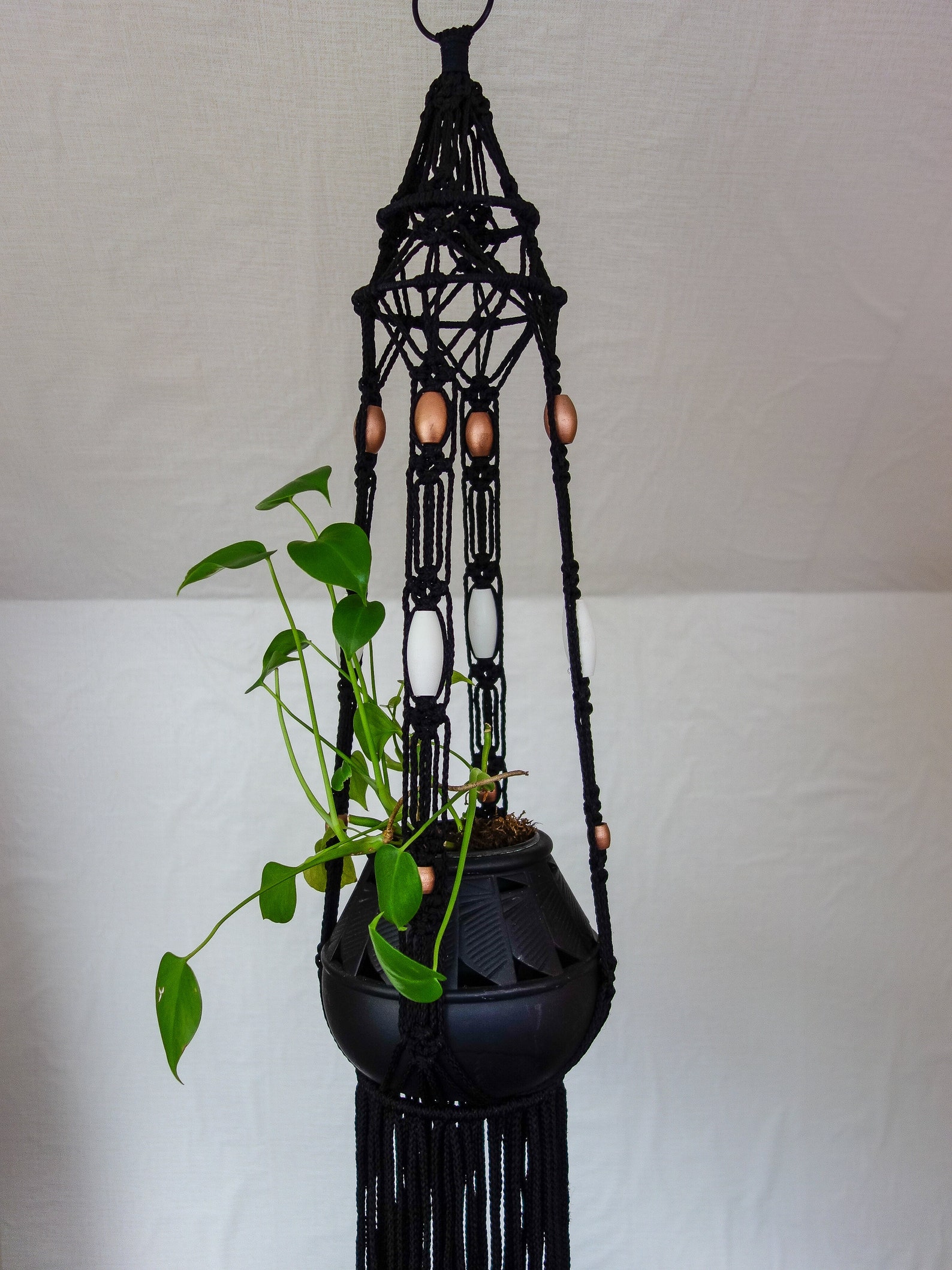 Black Macrame Plant Hanger With Fringe and Wood Beads Witchy - Etsy