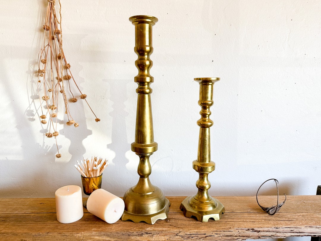 Vintage Tall Brass Candle Holders / Large Solid Brass - Etsy