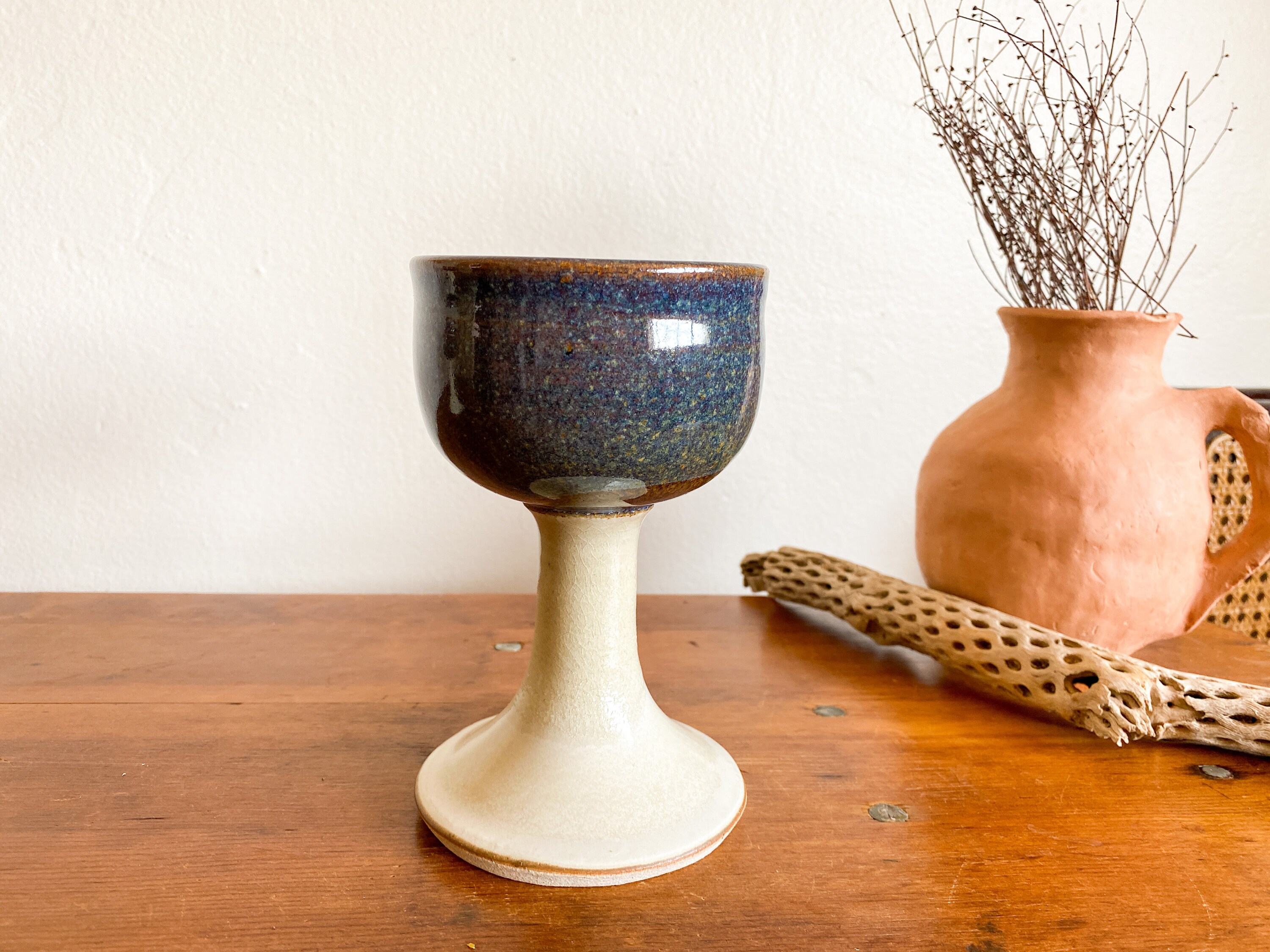 Vintage Textured Blue and Beige Pottery Goblet Stoneware | Etsy